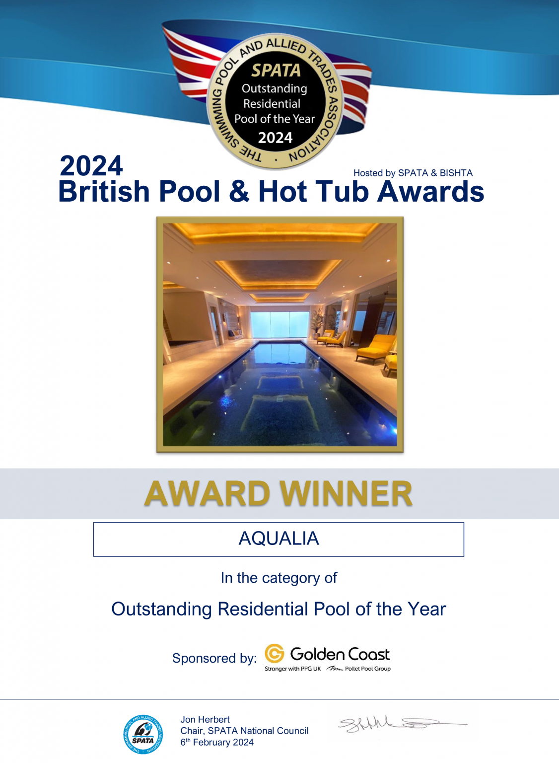 Aqualia win the best residential pool at SPATEX 2024 - Aqualia Pools